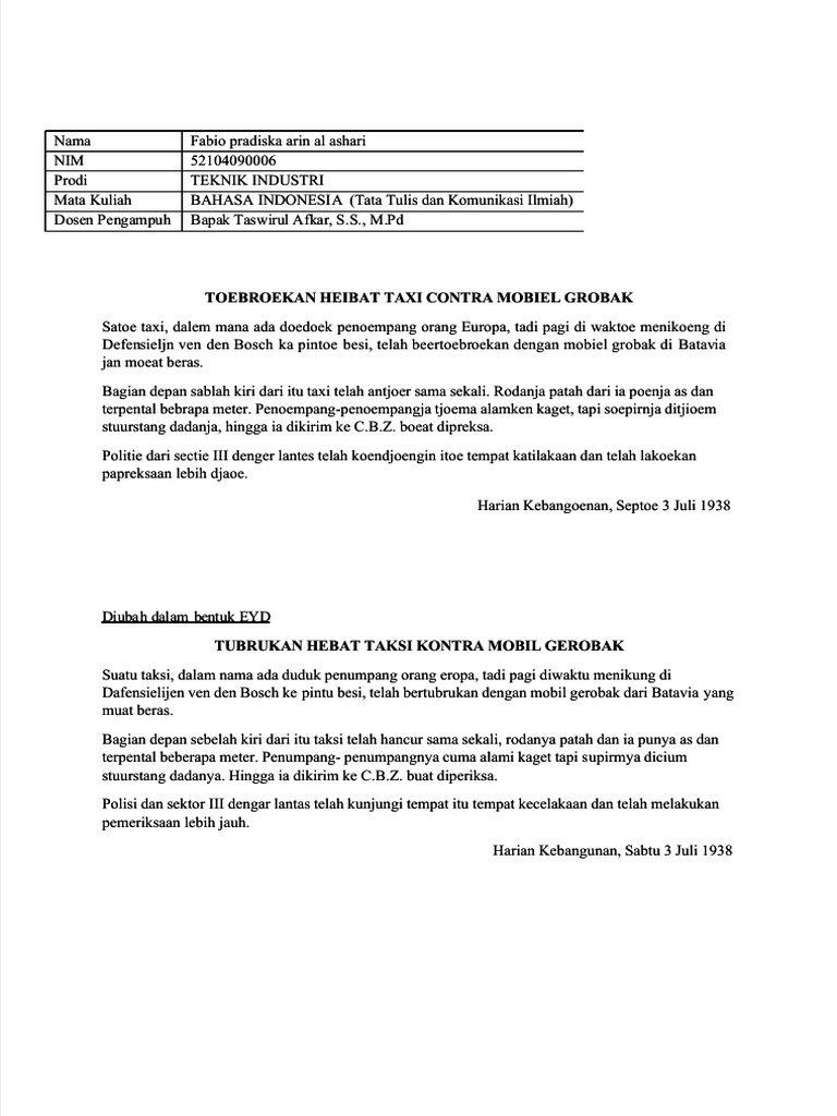 Kecelakaan Taksi dan Mobil Gerobak 1938 | PDF