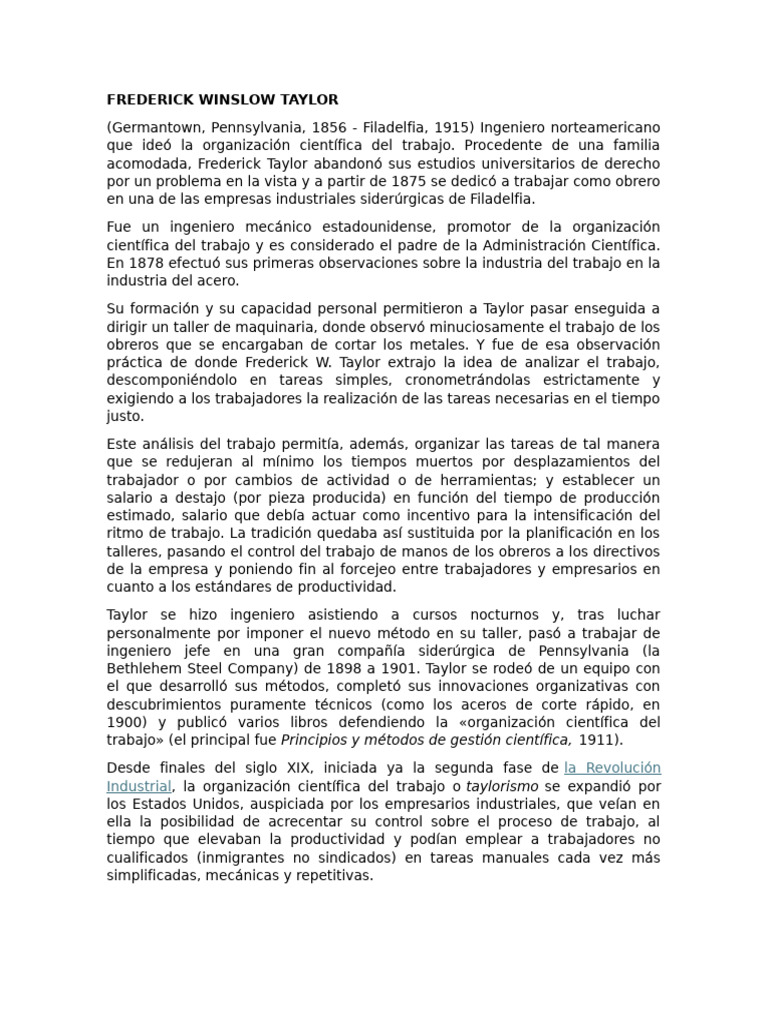 Frederick Taylor y la Administración Científica | PDF | Economias ...