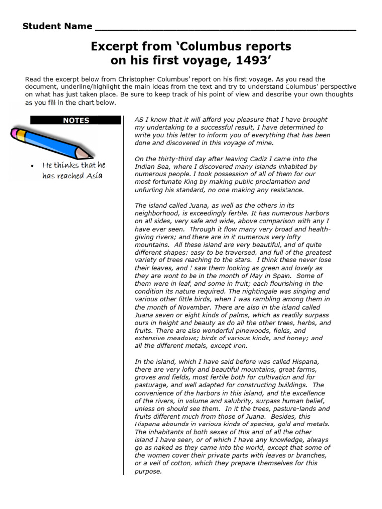 Excerpt From Columbus Reports On His First Voyage, 1493' | PDF ...