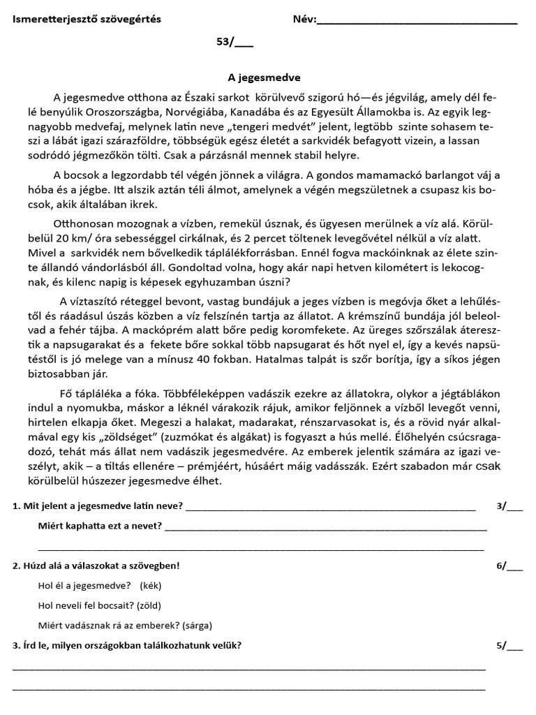 A Jegesmedve Szövegértés Felmérő | PDF