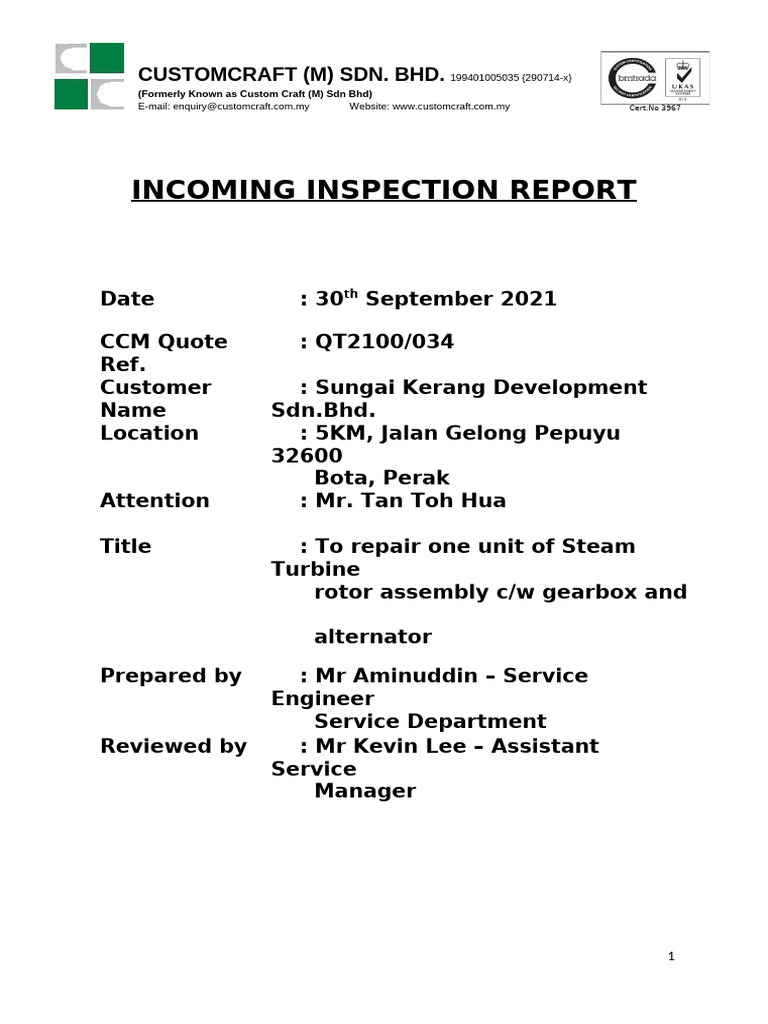 Incoming Inspection Report (30.09.2021) | PDF | Turbine | Mechanical ...