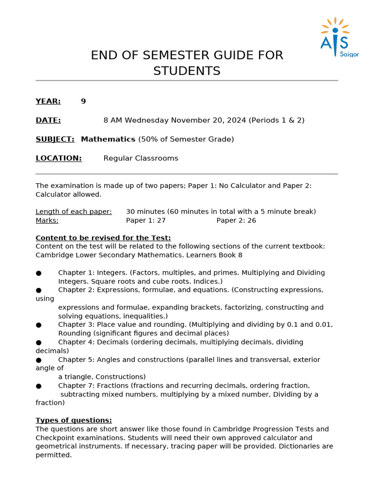 Year 9 End of Semester 1 Maths Guide For Students | PDF ...