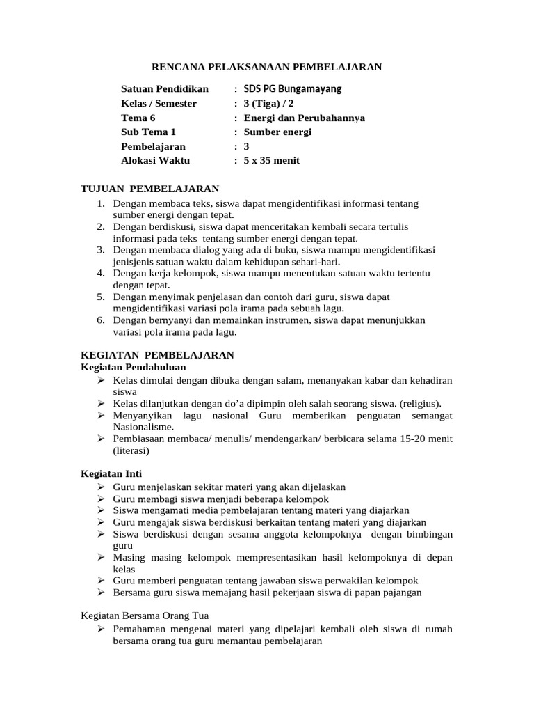 RPP 1 Lembar Kelas 3 Tema 6 Subtema 1 Pembelajaran 3 | PDF