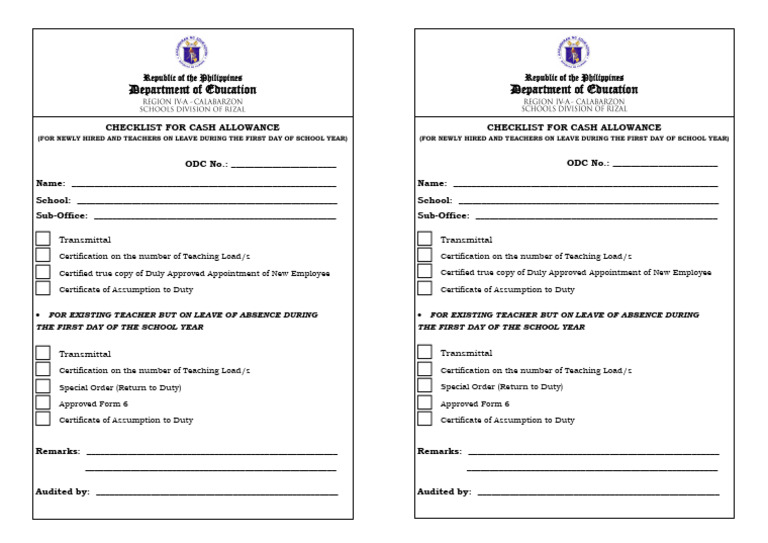 Checklist Cash Allowance Rizal | PDF | Philippines