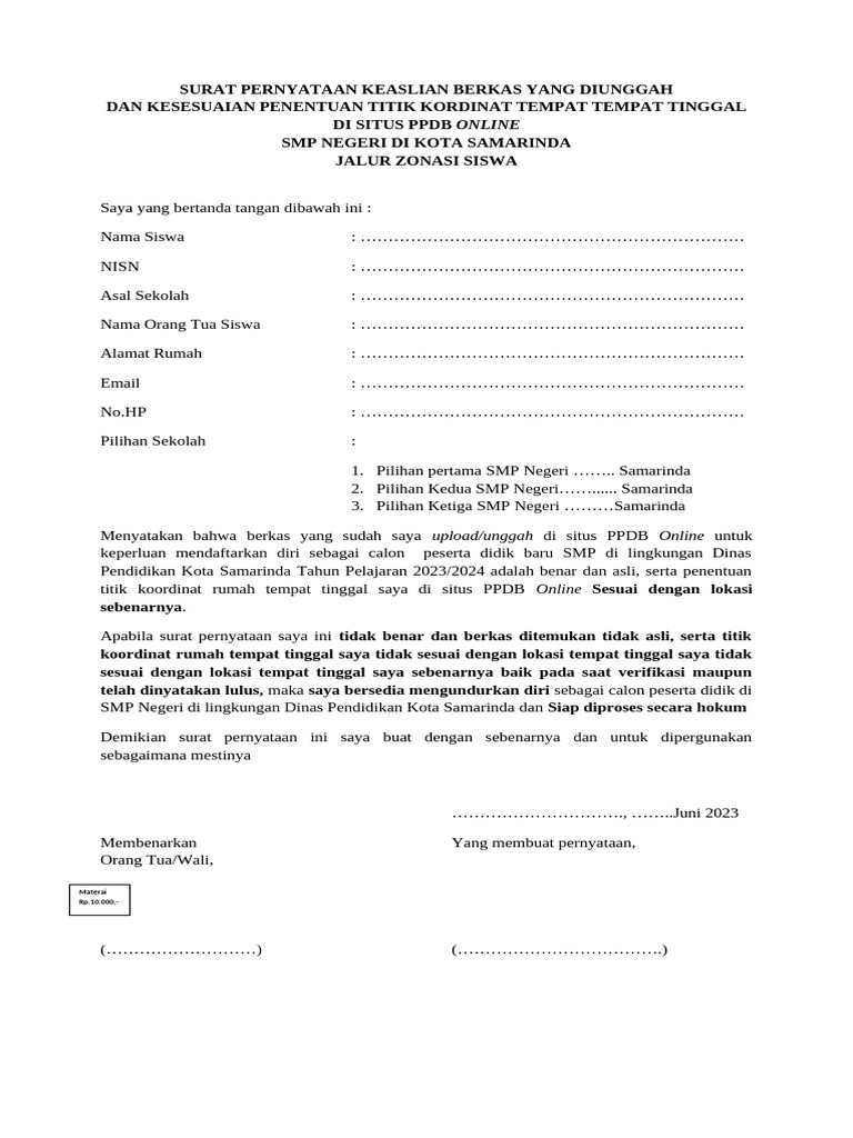 Surat Pernyataan Keaslian Berkas Yang Diunggah | PDF