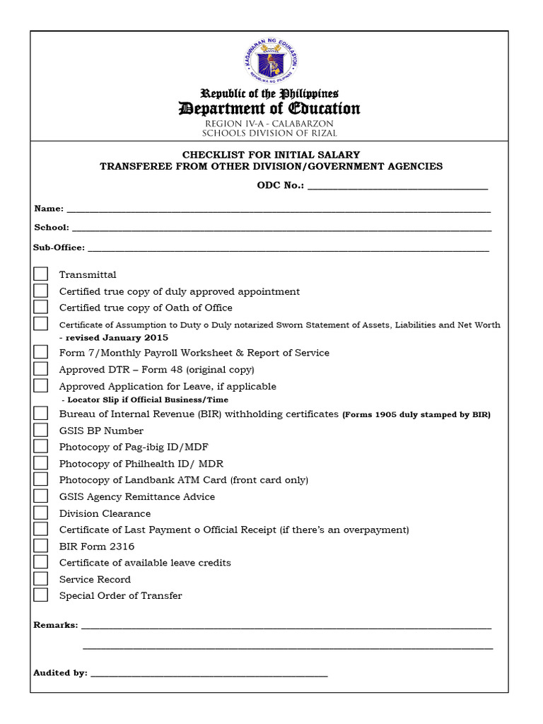 Checklist - Initial Salary - Transferee - Rizal | PDF | Finance & Money ...