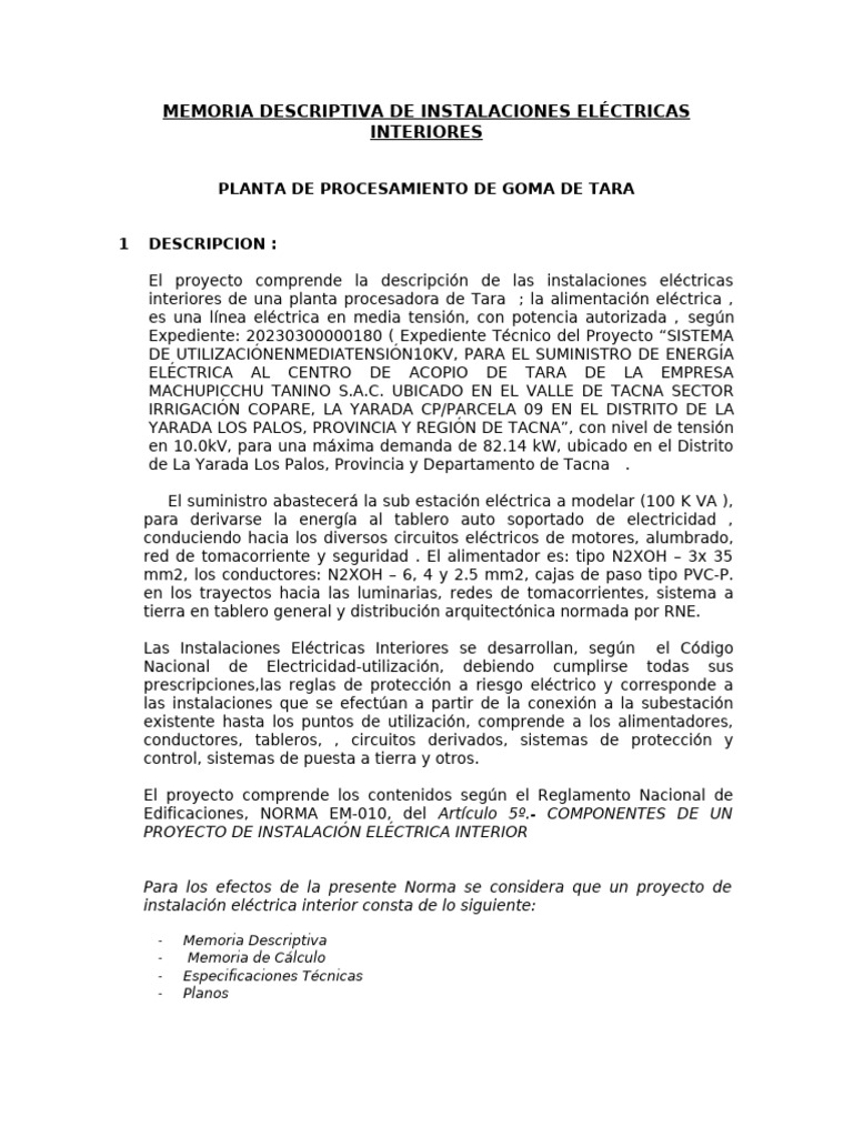 Memoria Descriptiva Electrica | PDF | Ingenieria Eléctrica | Cableado eléctrico