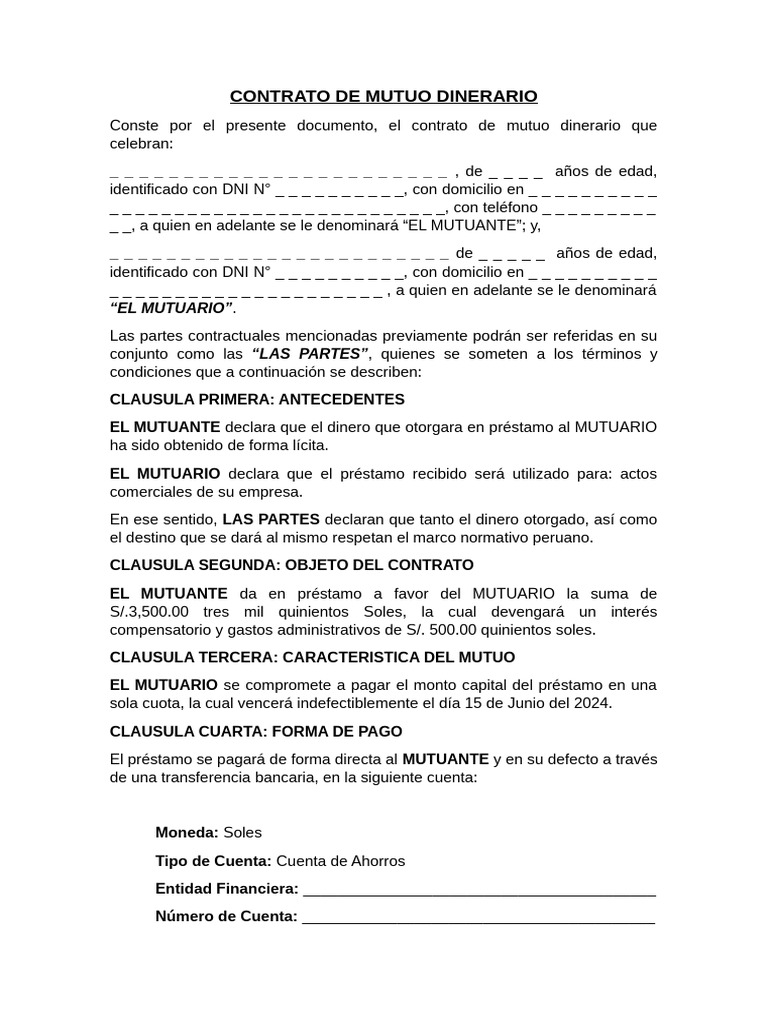 Contrato de Mutuo Dinerario Formato | PDF
