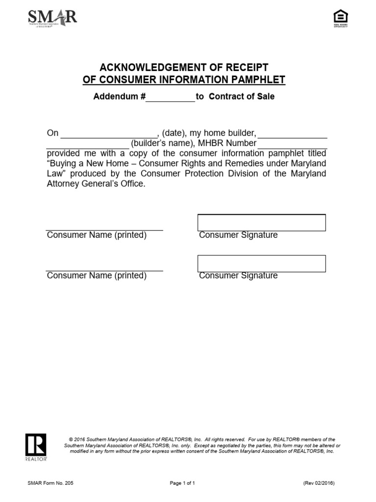 Acknowledgement of Receipt of Consumer Information Pamphlet (SMAR 205 ...