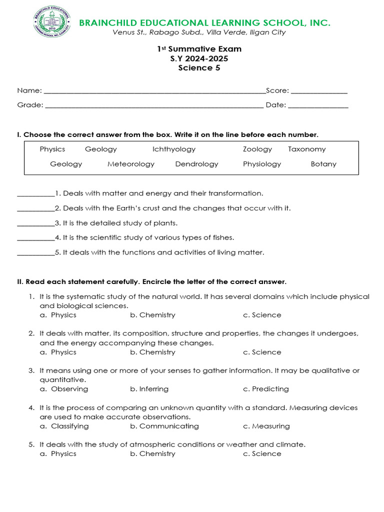 Science 5 GEN 1st SummativeTest | PDF | Science | Physics