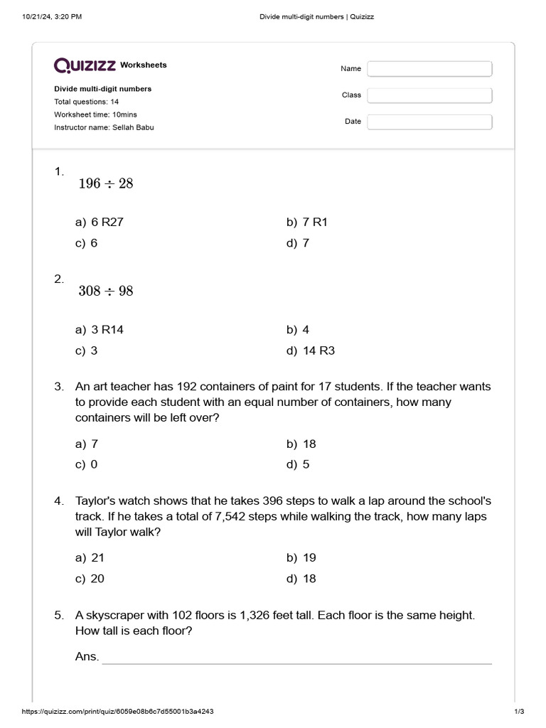 Divide Multi-Digit Numbers | PDF