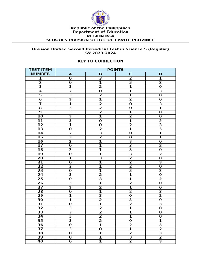 Science 5 Periodical Test Key 2023-2024 | PDF