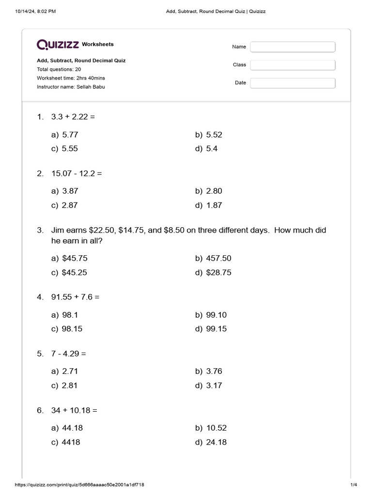 Add, Subtract, Round Decimal Quiz | PDF | Numbers | Elementary Mathematics