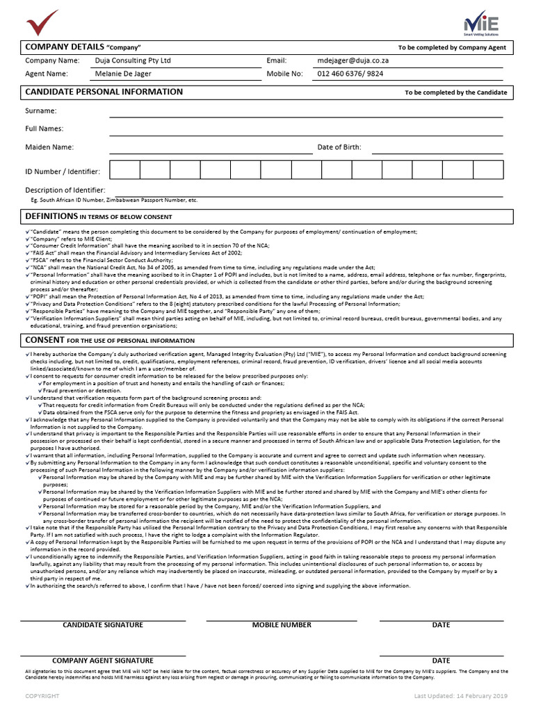 MIE - SmartScreen Indemnity | PDF | Criminal Record | Credit Bureau