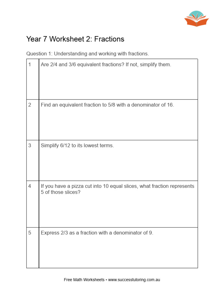 Year 7 Worksheet 2 - Fractions 1 | PDF | Arithmetic | Foods