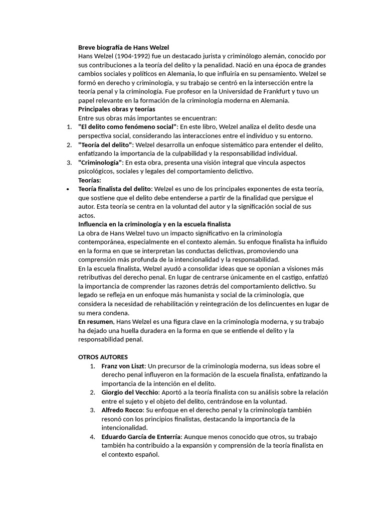 Hans Welzel: Pionero de la Teoría Finalista | PDF | Criminología ...