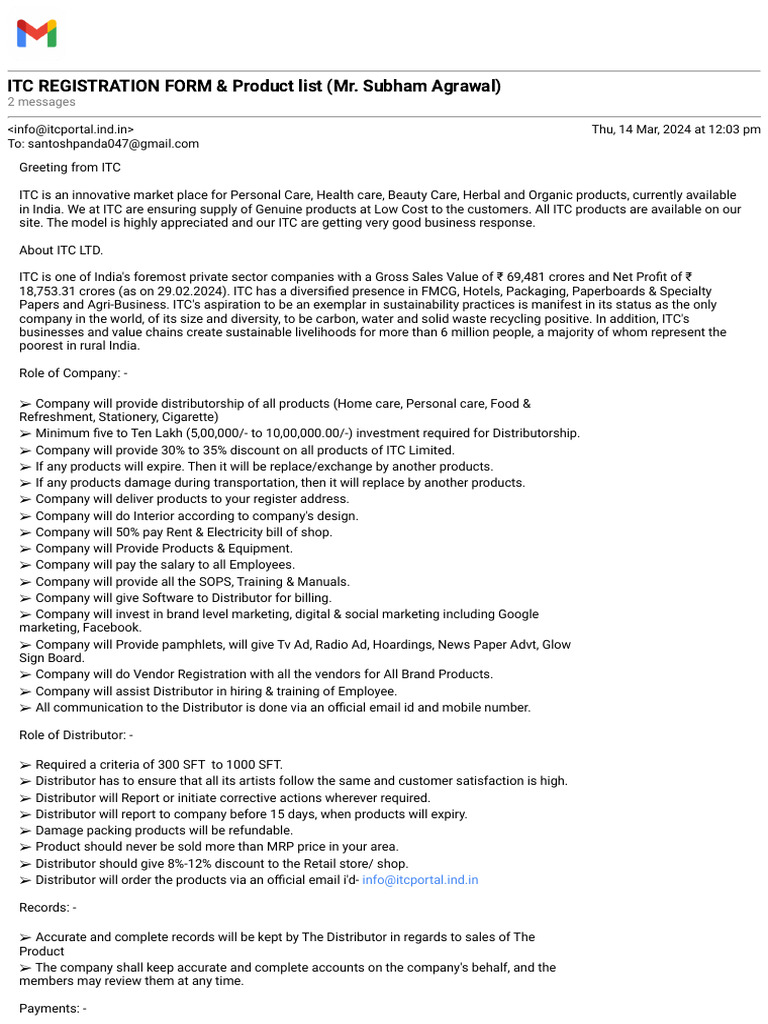 Gmail - ITC REGISTRATION FORM & Product List (Mr. Subham Agrawal) | PDF ...