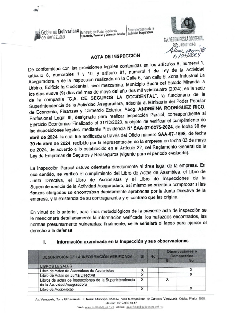 Acta de Inspeccion Parcial Ejercicio Finalizado 2023 Caslo | PDF