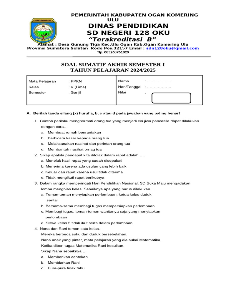 Soal PPKN Kelas 5 | PDF | Karier & Perkembangan | Olahraga & Rekreasi