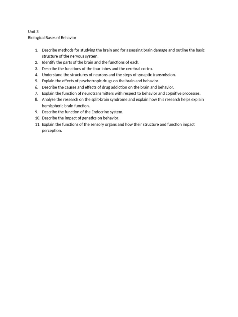 Unit 3 Biological Basis of Behavior Objectives | PDF | Career & Growth ...