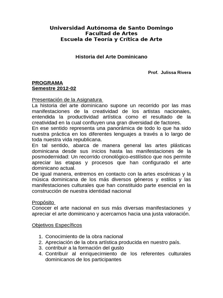 Programa Historia Del Arte Dominicano 2014 | PDF | República Dominicana ...