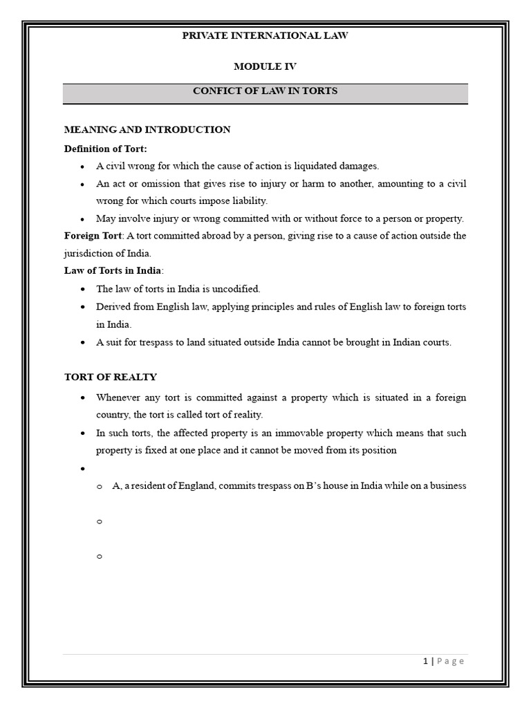 Module 4 - Conflict of Law in Torts | PDF | Tort | Lawsuit