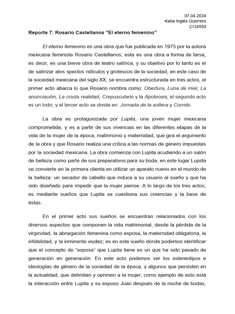 Reporte 7 - Rosario Castellanos - El Eterno Femenino | PDF | Estereotipos | Género