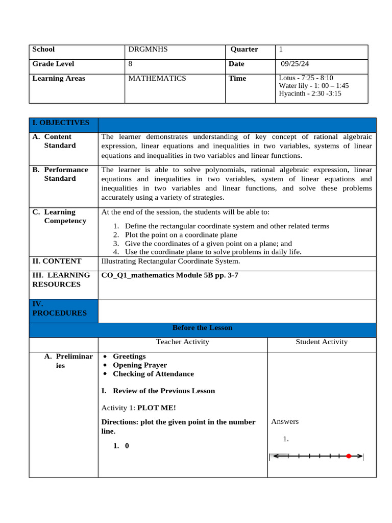 Dlp Math 8 Q1 Rectangular Coordinates System Day 1 Check Pdf Cartesian Coordinate