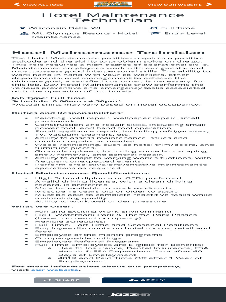 Hotel Maintenance Technician - Mt. Olympus Water & Theme Park Resort ...