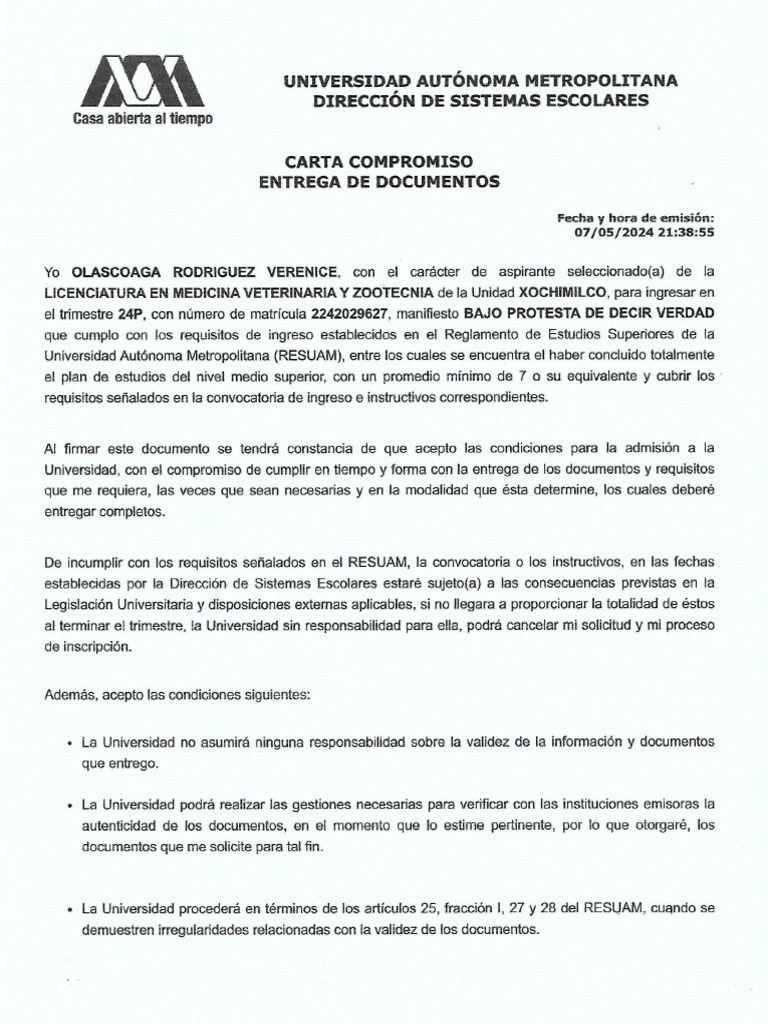 Carta Compromiso Entrega de Documentos | PDF