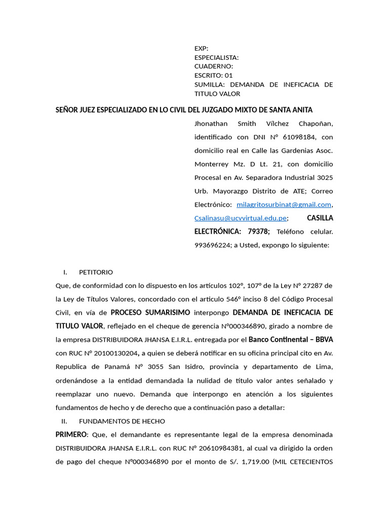 DEMANDA DE INEFICACIA DE TITULO VALOR - Sr. Vilchez | PDF | Cheque | Documento de identidad