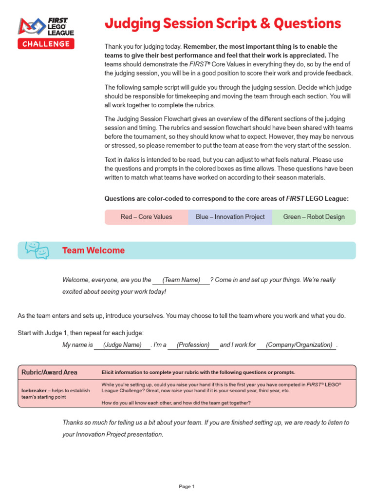 FLL Challenge Judging Questions | PDF | Robot | Robotics