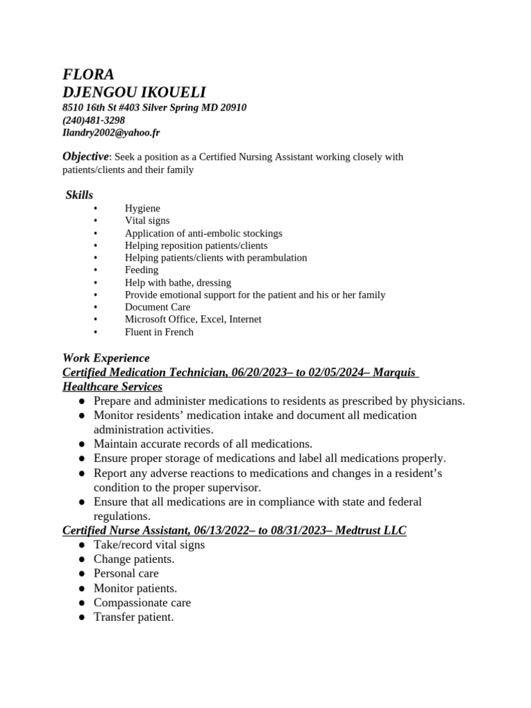 I Am Sharing 'CNA Flora Resume (1) ' With You | PDF | Patient | Nursing