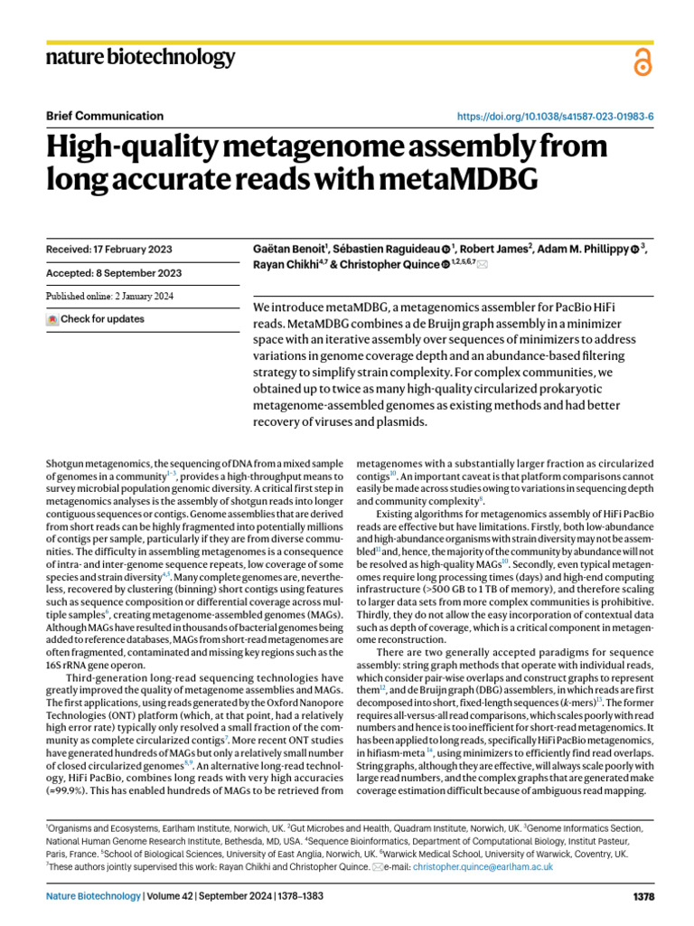 High-Quality Metagenome Assembly From Long Accurate Reads With metaMDBG ...