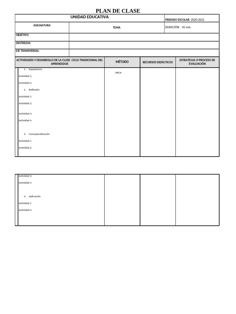 Formato Plan de Clase Método Erca-1 | PDF