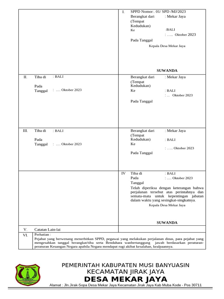 Blanko Surat Tugas SPPD Desa 2022 | PDF