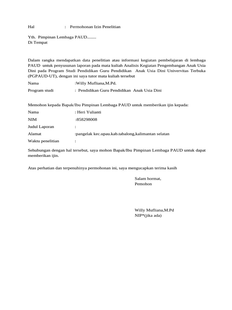 Surat Ijin Penelitian TTD Tutor - Docx Analisis Tugas 1 | PDF