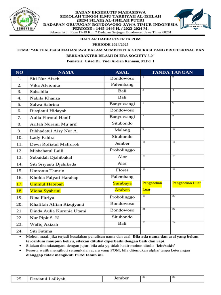 DAFTAR HADIR ACARA MABA - pUTRI | PDF