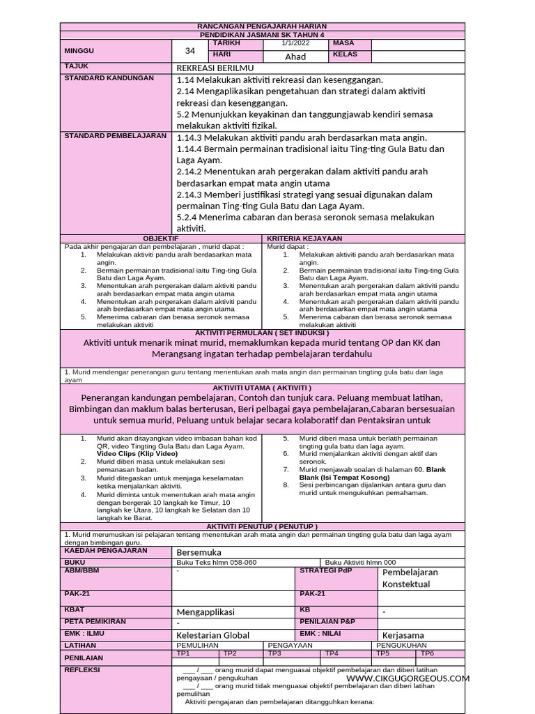 RPH Minggu 34 PJ THN 4 by Cikgu Gorgeous | PDF