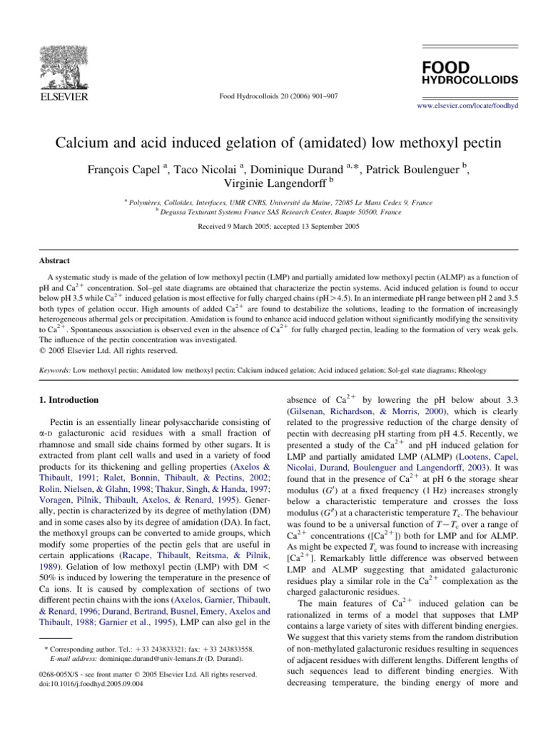 (2005) Calcium and Acid Induced Gelation of (Amidated) Low Methoxyl ...