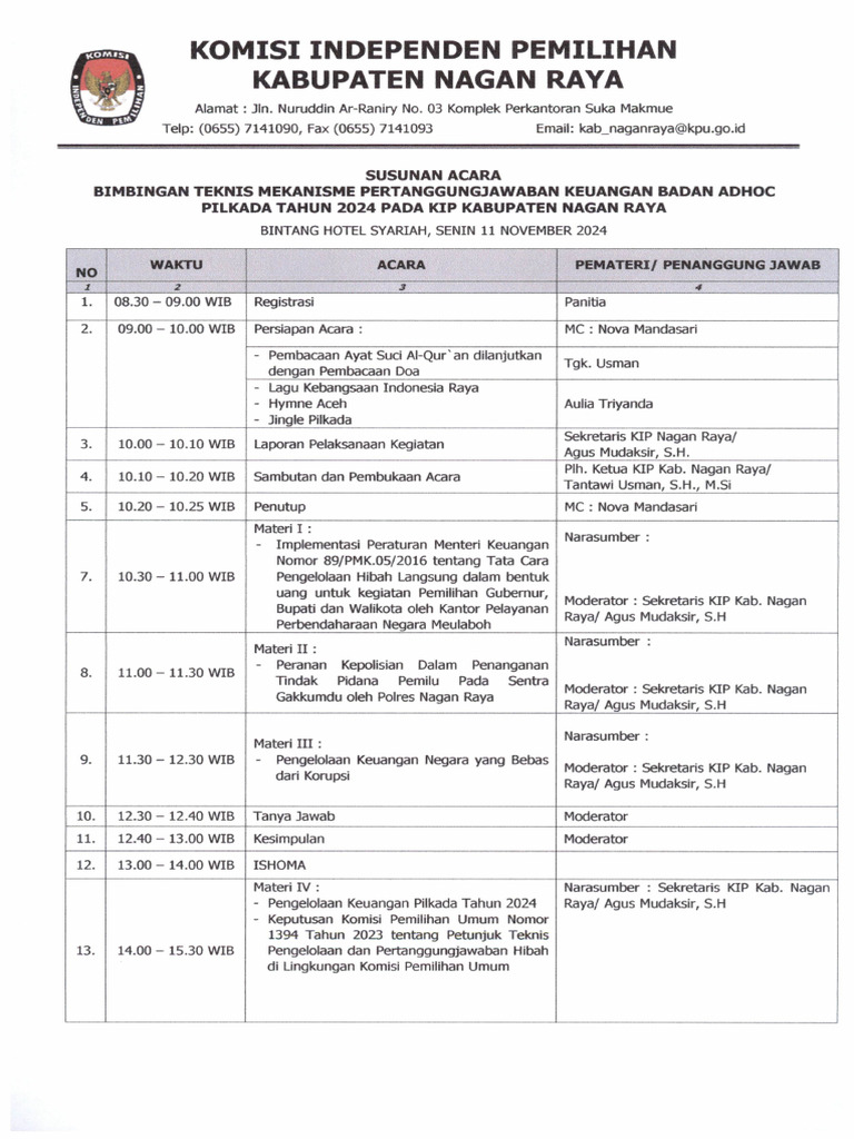 Rundown Acara Bimtek LPJ Badan Adhoc PPK Pilkada | PDF