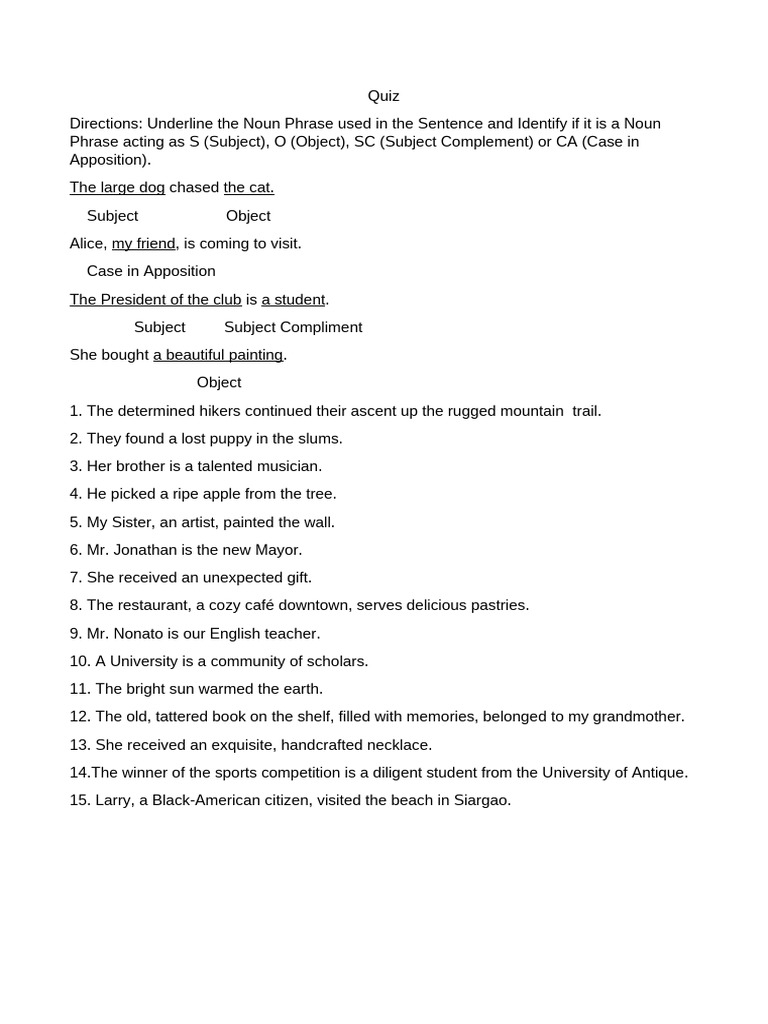 Noun Phrase Identification Quiz | PDF
