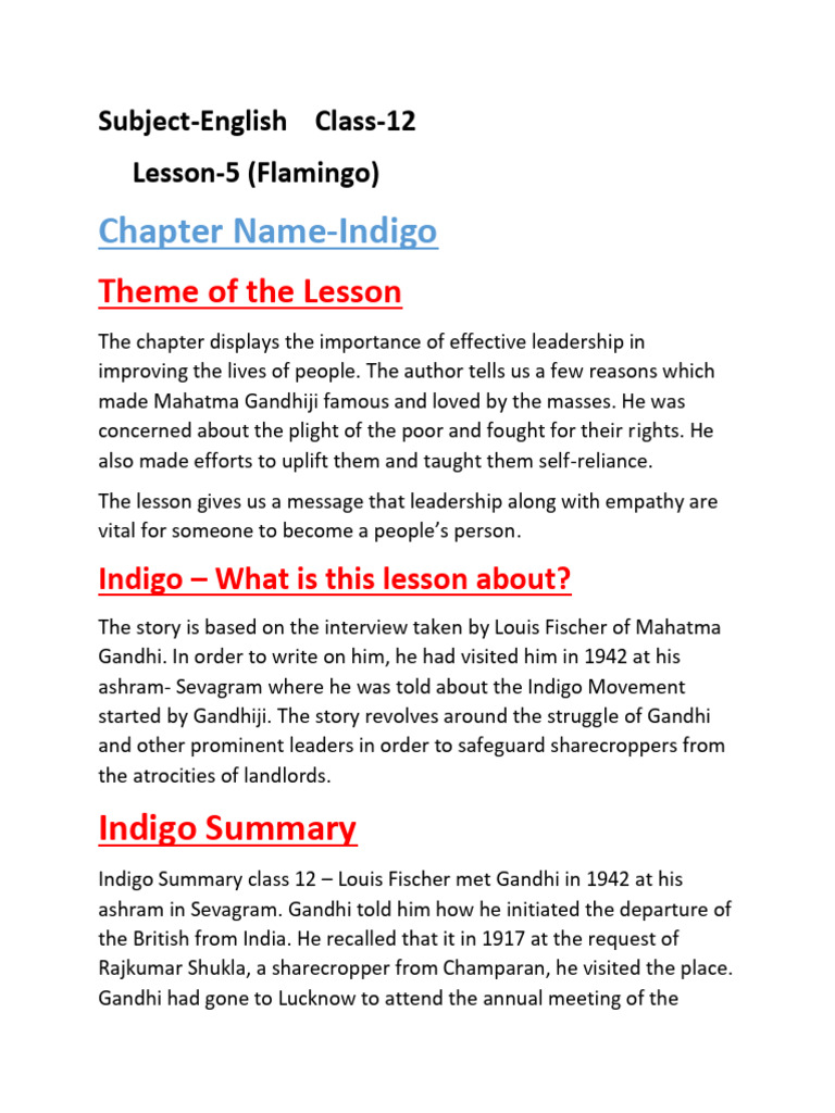 "Class 12: Indigo Lesson Summary & Analysis" | PDF | Mahatma Gandhi ...