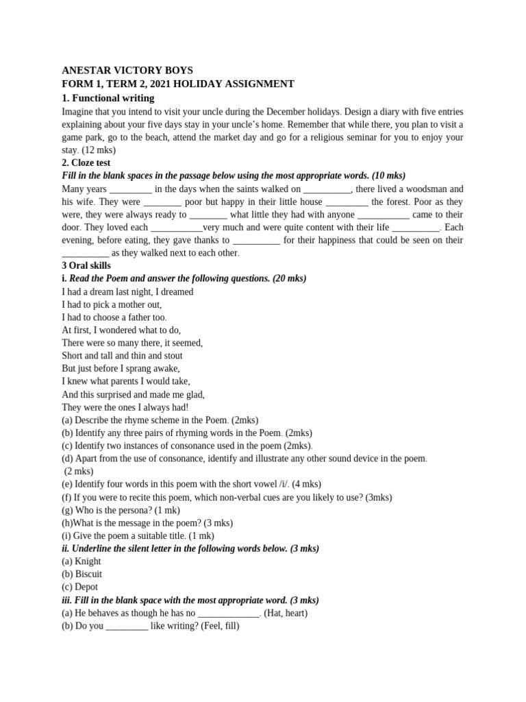 English Form 1 Assignment April 2021 Teacher - Co .Ke | PDF | Poetry ...