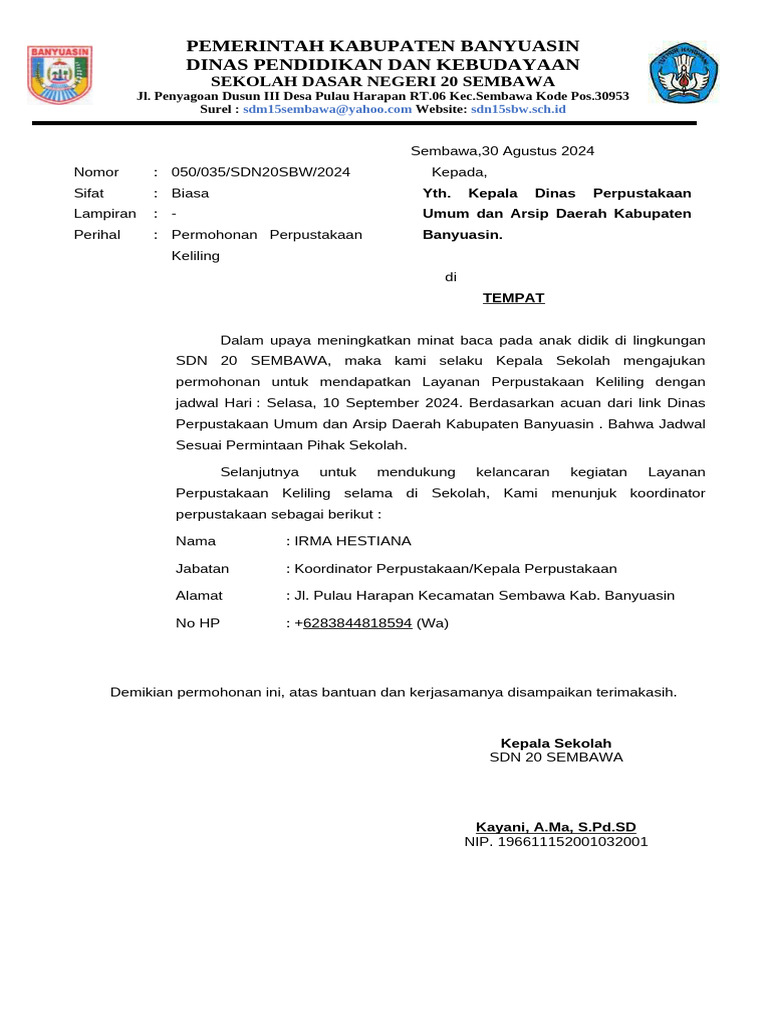 Surat Permohonan Keliling SDN 20 SBW | PDF