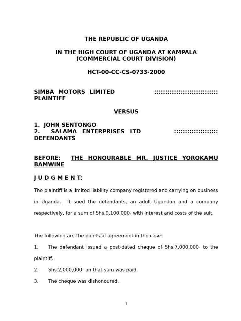 Simba Motors Ltd vs. John Sentongo Case | PDF | Burden Of Proof (Law ...