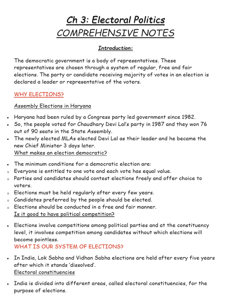 Grade 9 Political Science CH 3 Electoral Politics Extra Notes | PDF ...