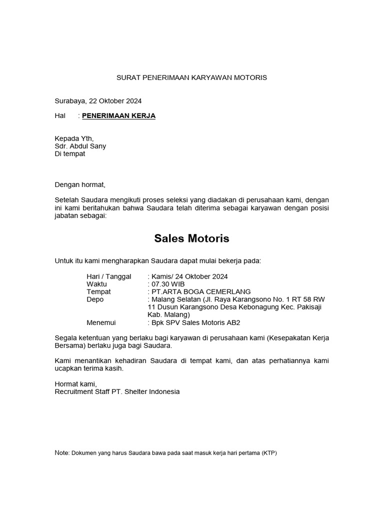 Sales Motoris: Penerimaan Kerja | PDF | Bisnis