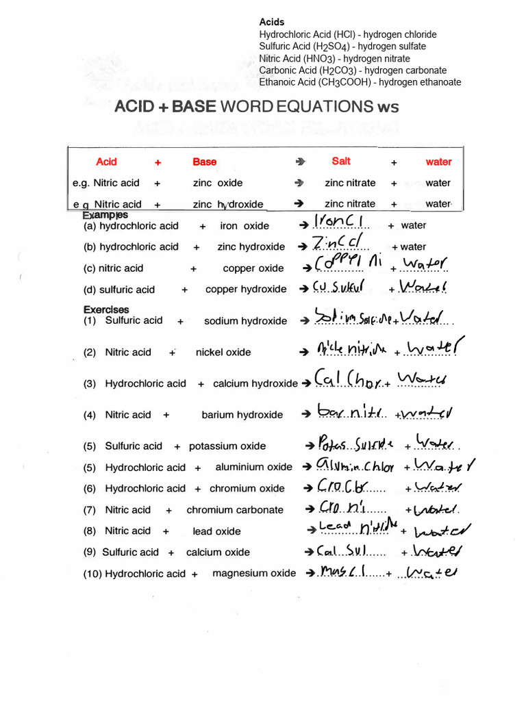 1 - Acid Base Word Equation Ws1 | PDF | Acid | Nitric Acid