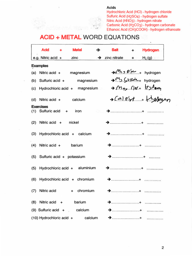 Acid-Metal Reaction Equations Guide | PDF